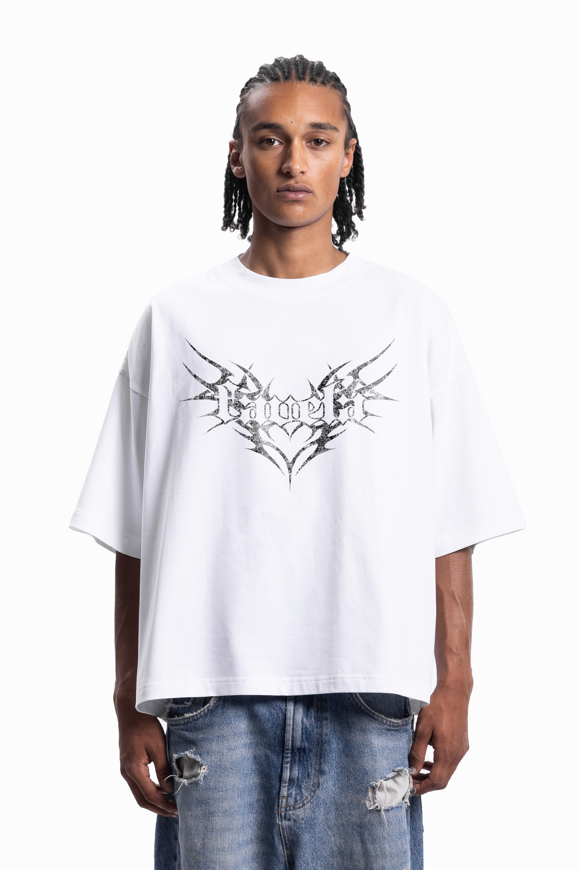 BASIC TRIBAL BOXY DISTRESSED WHITE T-SHIRT - FAVELA Clothing