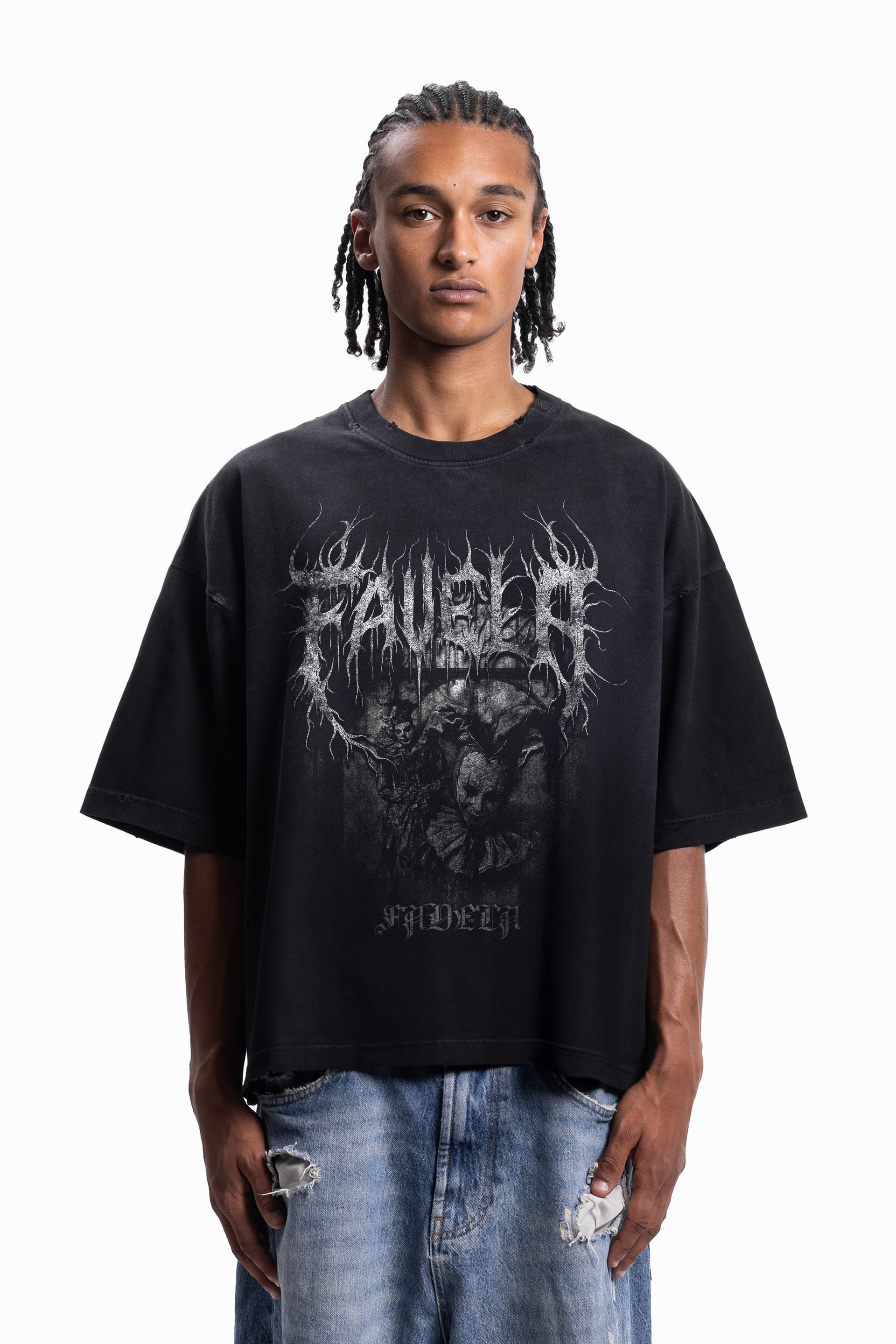 CLOWN BOXY DISTRESSED BLACK WASHED T-SHIRT - FAVELA Clothing