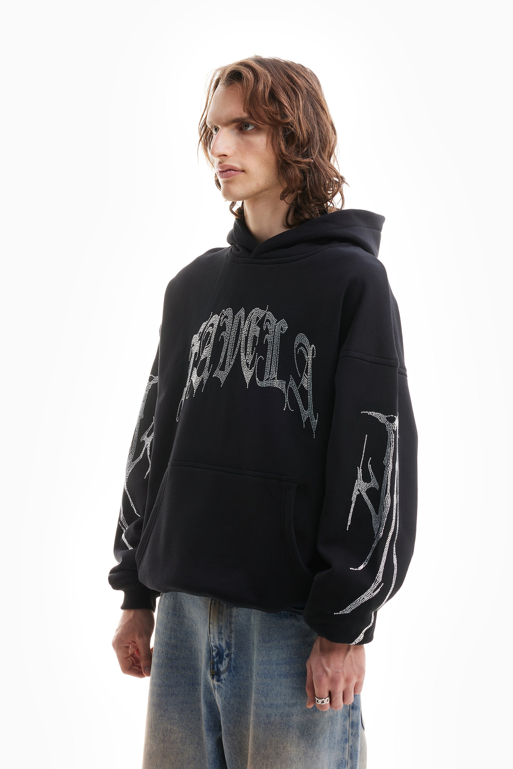 RIBCAGE RHINESTONE BLACK SNAP BUTTON HOODIE – FAVELA Clothing