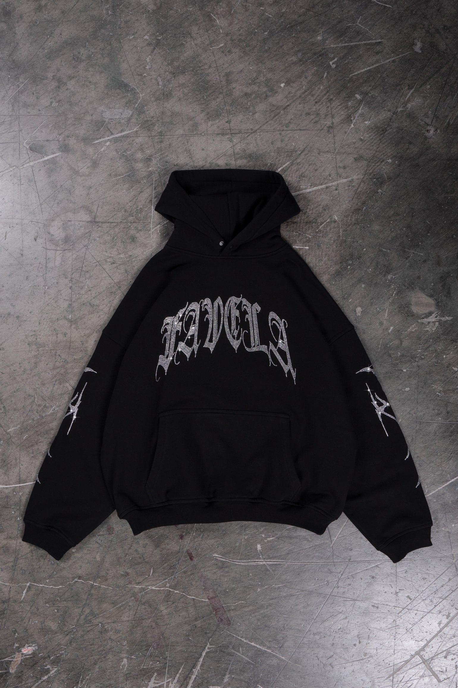 RIBCAGE RHINESTONE BLACK SNAP BUTTON HOODIE – FAVELA Clothing