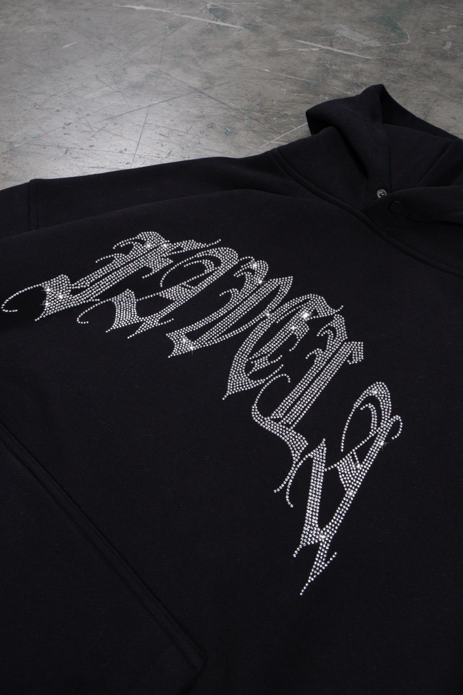 RIBCAGE RHINESTONE BLACK SNAP BUTTON HOODIE – FAVELA Clothing